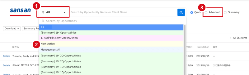 Displaying opportunities, Advanced searches, Downloading search results ...