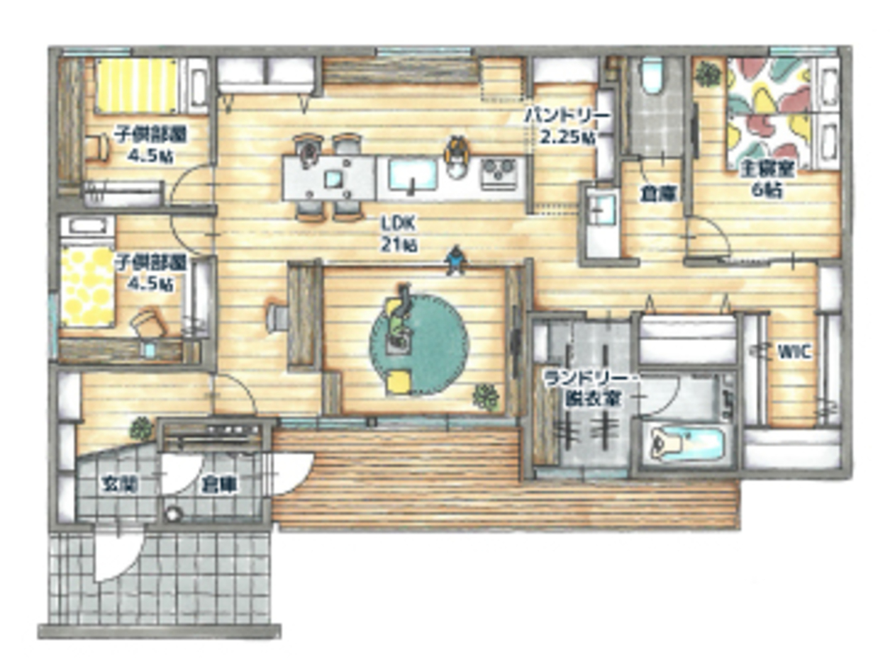 ダウンフロアのあるリビングで、心地よく、低く暮らす平屋 | ARRCH アーチの間取り例【くふうイエタテ】