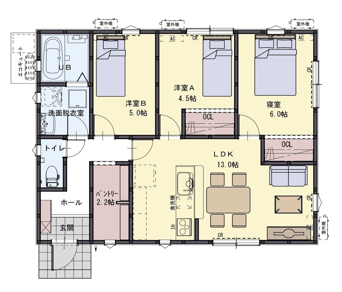 21坪と、コンパクトでありながらパントリー収納も備えたファミリー向けの平屋 | ユースタイルハウス 上村建設の間取り例【くふうイエタテ】