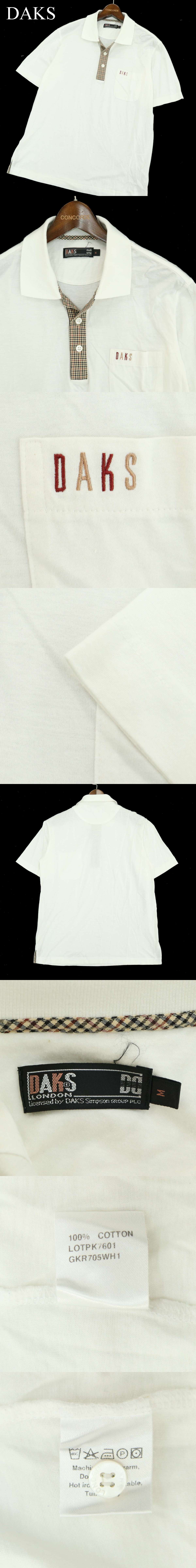 代購代標第一品牌－樂淘letao－DAKS ダックス 春夏 ロゴ刺繍★ 半袖 チェック使い ポロシャツ Sz.M メンズ 白 A3T05739_5#D