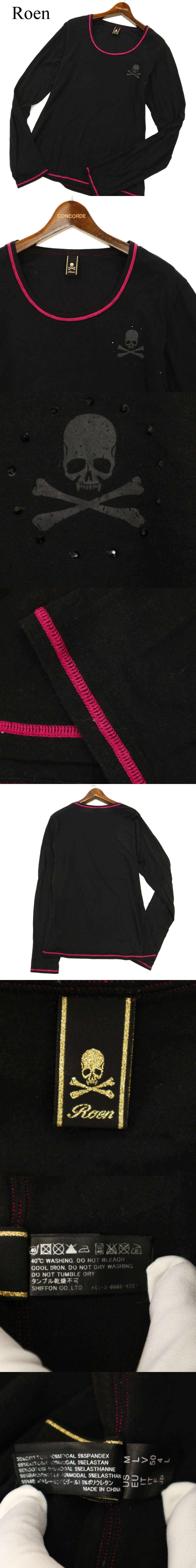 代購代標第一品牌－樂淘letao－Roen ロエン 通年 長袖 スカルプリント★ ラインストーン カットソー ロンTシャツ Sz.L メンズ 黒 C3T07228_8#F