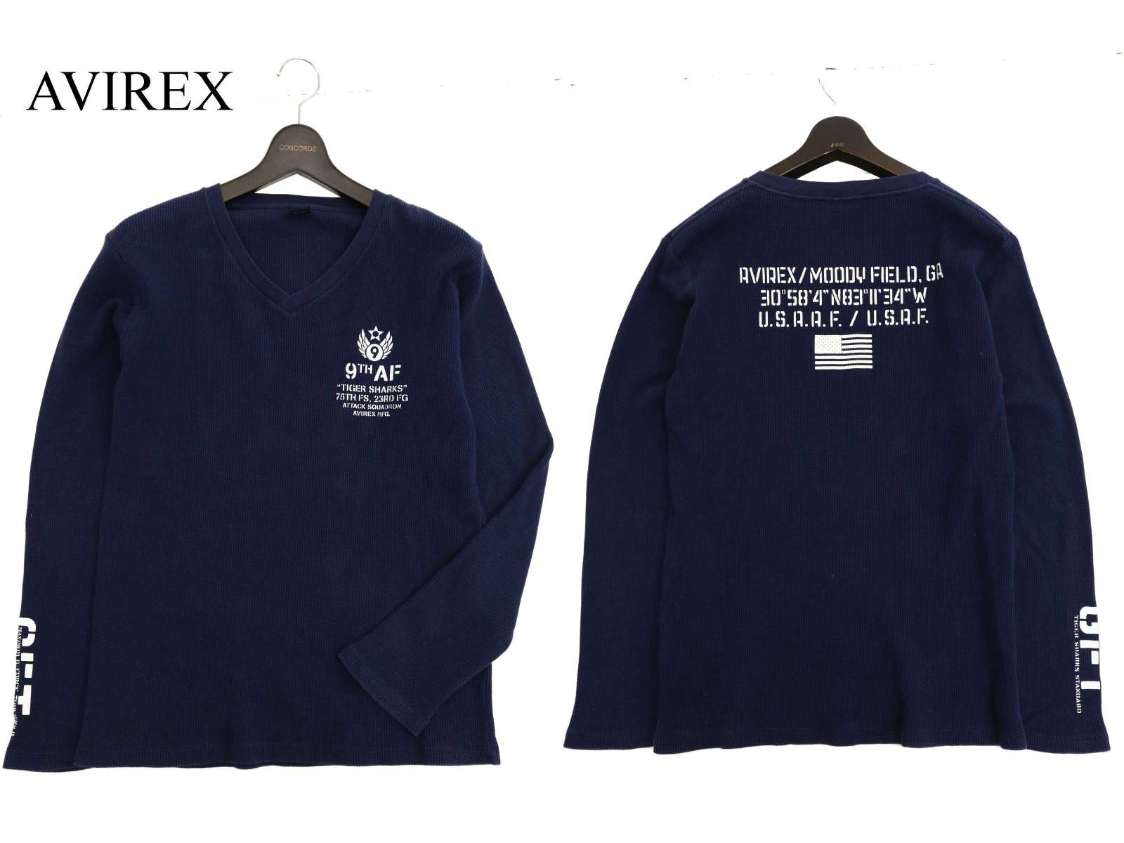 日本代購代標第一品牌【樂淘letao】－AVIREX アヴィレックス 長袖 プリント Vネック ミニワッフル★ サーマル カットソー ロンTシャツ Sz.L メンズ ネイビー C4T00118_1#F