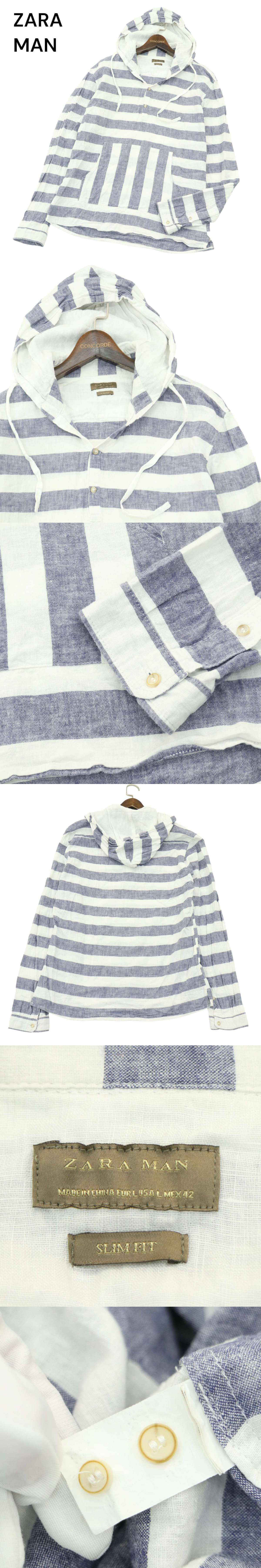 日本代購代標第一品牌【樂淘letao】－ZARA MAN ザラ マン 春夏 SLIM FIT ボーダー★ フーディー 長袖 プルオーバー シャツ パーカー Sz.L メンズ A4T02562_3#M