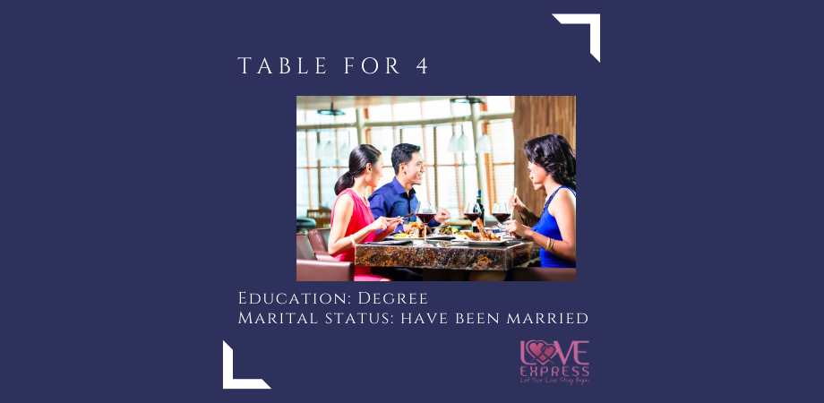 29 AUGUST: NEW! TABLE FOR FOUR (DEGREE-HOLDER AND HAVE BEEN MARRIED) | Peatix