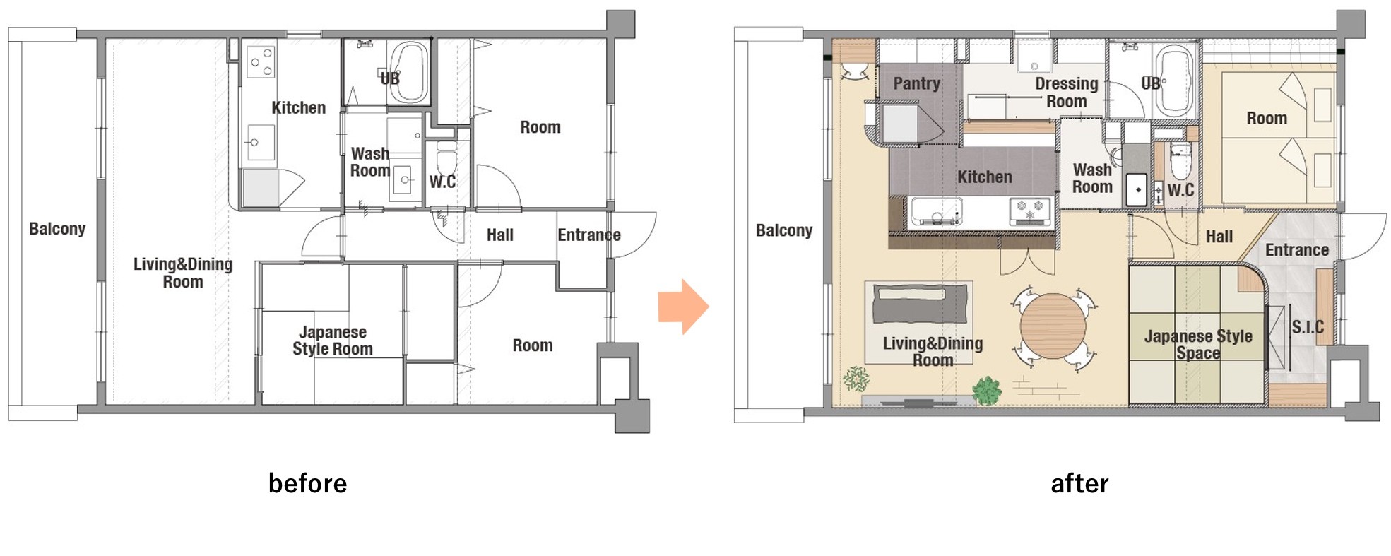 【間取り図で比較】80平米以下のマンションリノベでもできる、ゆとりの回遊プラン。限られた空間を有効活用！｜SUVACO(スバコ)