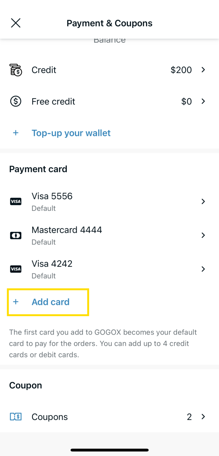 Add multiple payment cards to pay now! - GoGoX